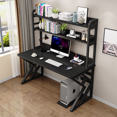 Industrial Computer Desk Metal and Wood Home Office Desk with Storage Shelves Black