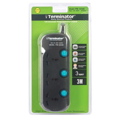 Terminator 3 Way Universal Power Extension Socket 3X1.25MM2 Black Body ...
