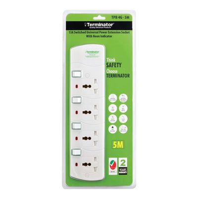 Terminator 4 Way Universal Power Extension Socket with 13A Plug and 5M ...