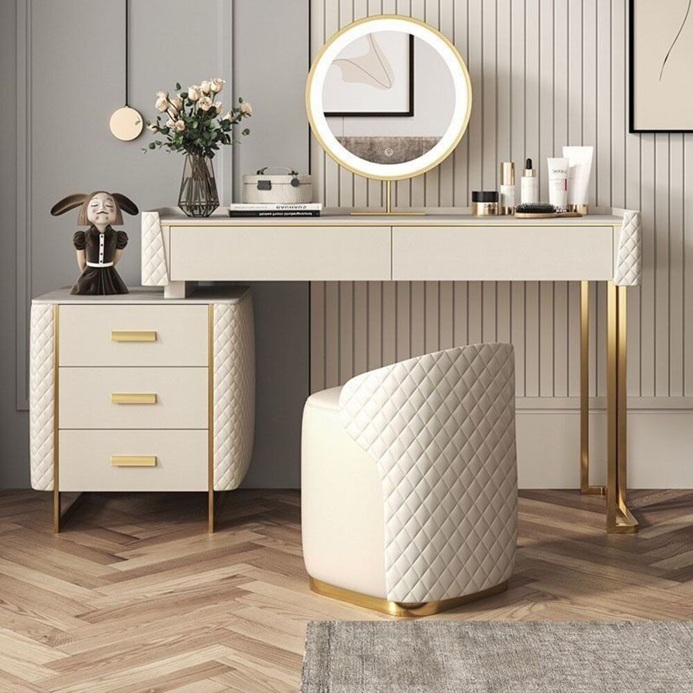 Buy Vanity Table Elegant Dressing Table with Chair and Mirror - White ...
