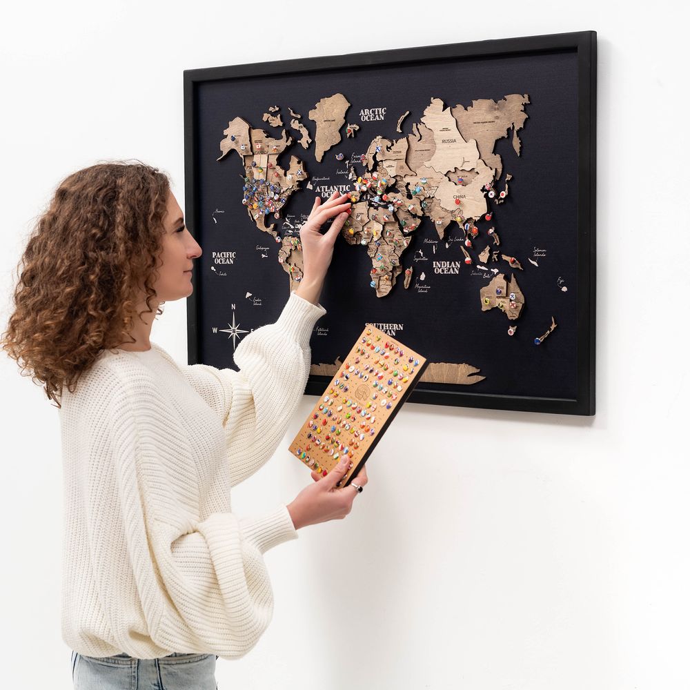 Buy 3D Wooden World Map Terra on Black Panel - M (84 x 58cm) Online ...