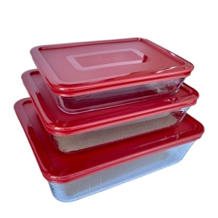 Buy Pyrex 3-in-1 Rectangular Glass Baking Dish Set with Red Lids, 0.8L ...